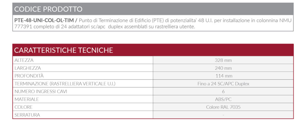 PTE UNIFICATO 48 U. I. - PER COLONNINA - Out Line - Optical Fiber ...